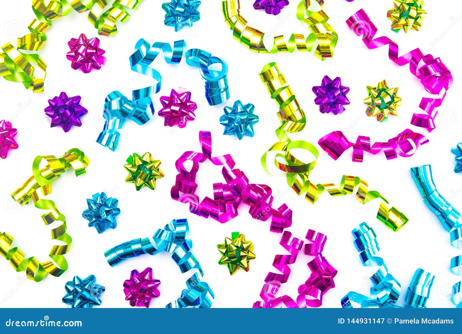 Background of Party Ribbons and Bows in Bright Colors on White Stock ...