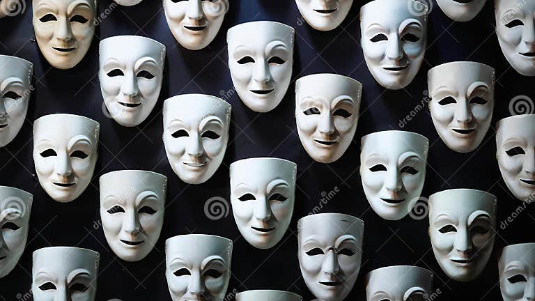 The Background is a Pattern of Various White Masks Expressing a Certain ...
