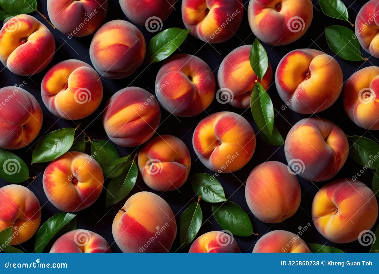 Background Pattern Wallpaper of Fresh Ripe Peaches with Leaves Stock ...