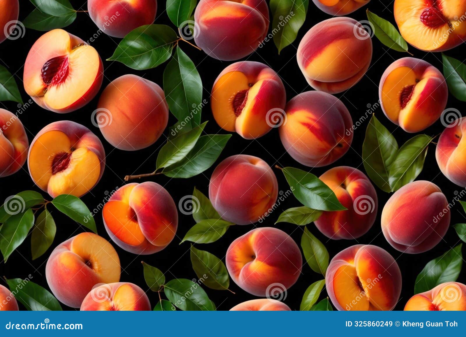 Background Pattern Wallpaper of Fresh Ripe Peaches with Leaves Stock ...