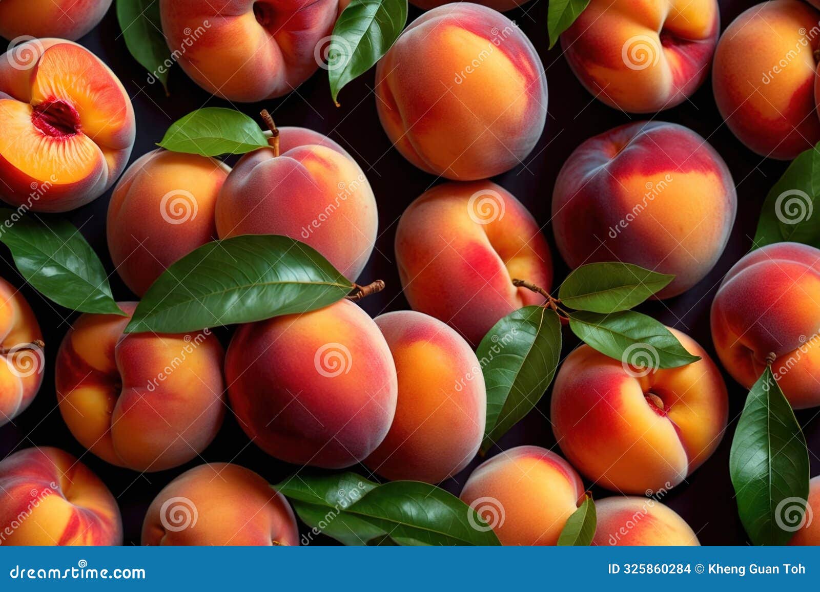 Background Pattern Wallpaper of Fresh Ripe Peaches with Leaves Stock ...