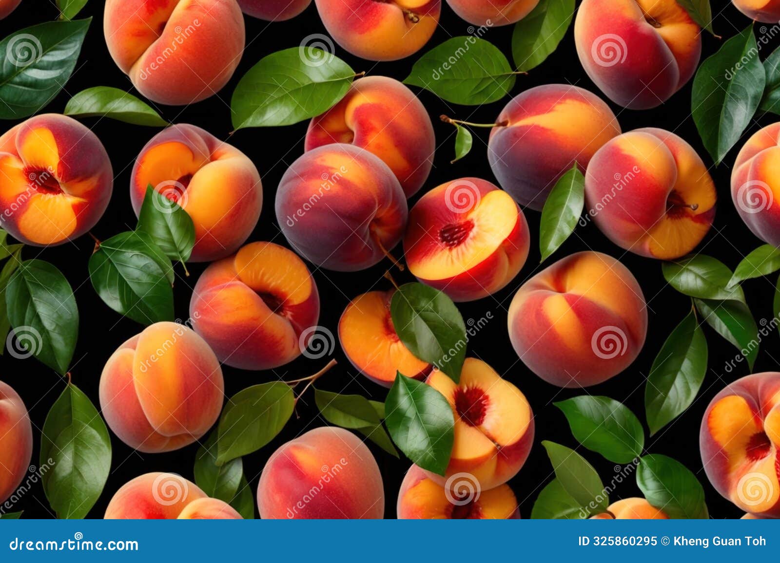 Background Pattern Wallpaper of Fresh Ripe Peaches with Leaves Stock ...