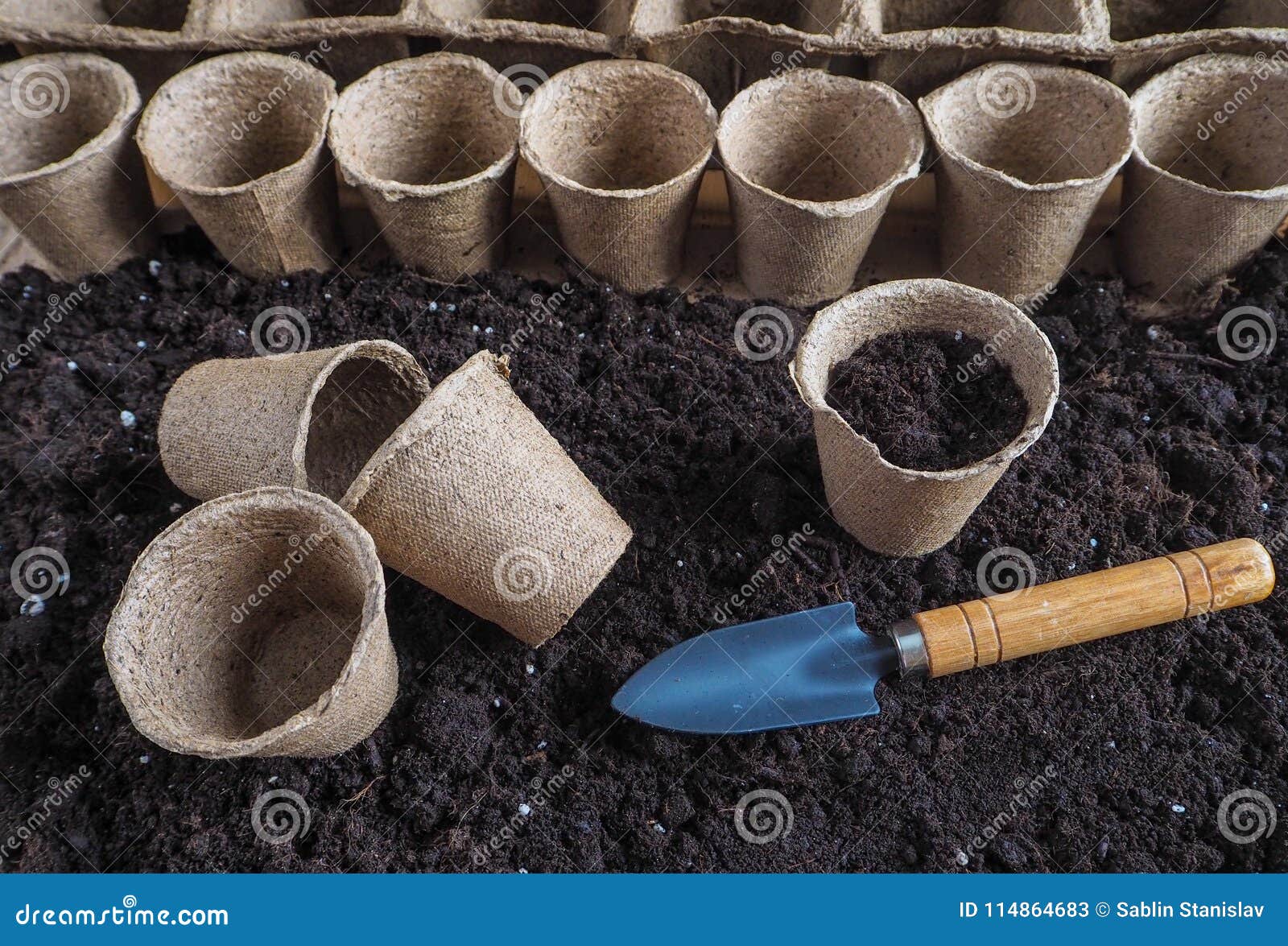 Background with Peat Pots and the Ground. Spring Planting Work. Stock ...