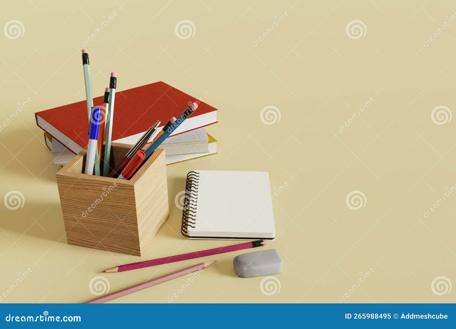 Background with Pencil Case and Textbook Books, 3d Stock Illustration ...