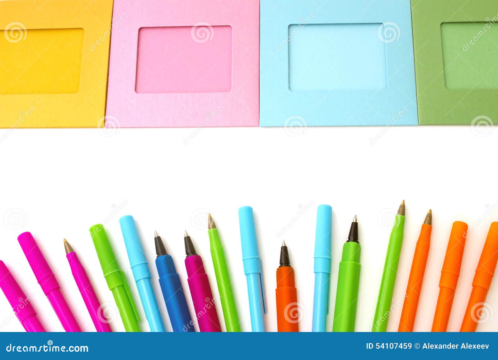 Background Photo Frames and Colored Pens on White Stock Image - Image ...