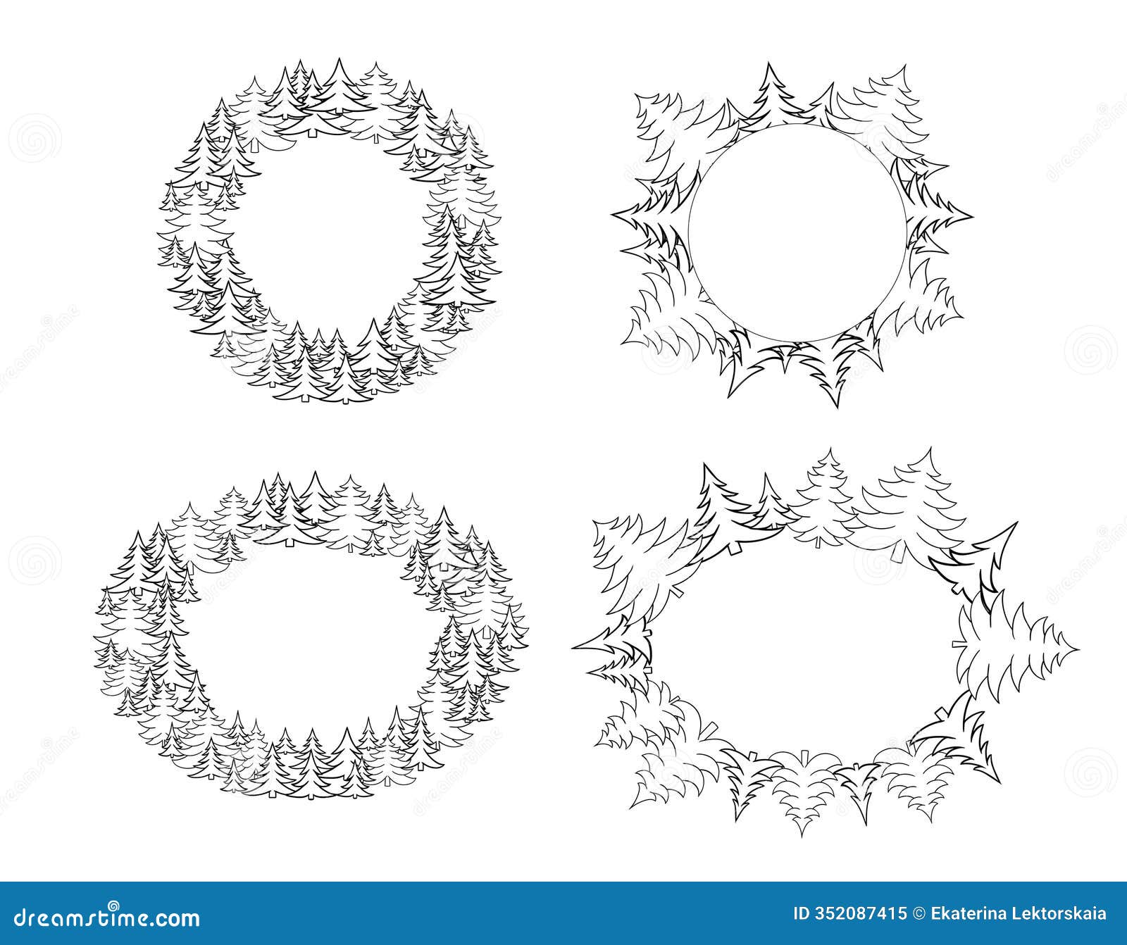 Background of Pine Tree Forest, Oval and Round Circle Frame Set. Vector ...