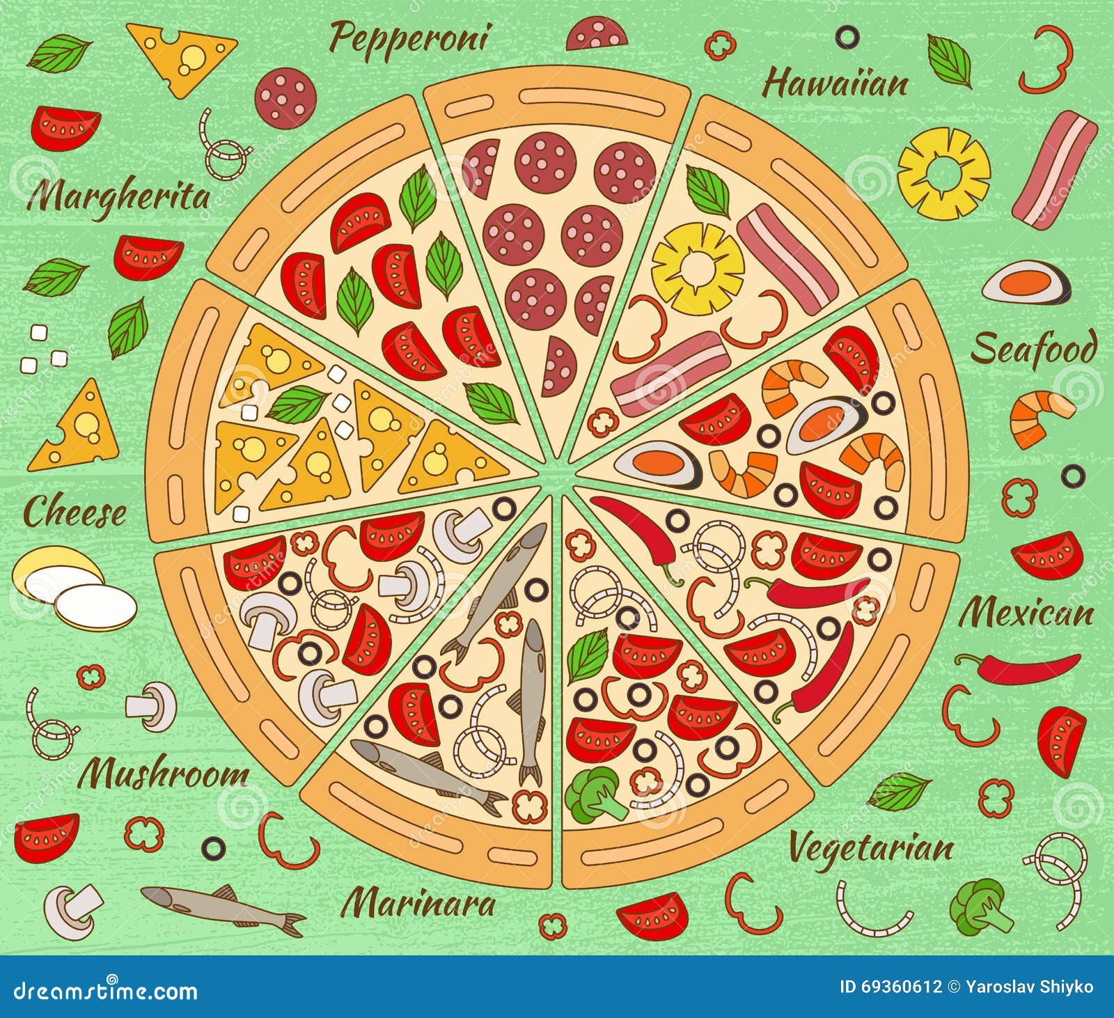 Background with Pizza Pieces and Its Ingredients Stock Vector ...