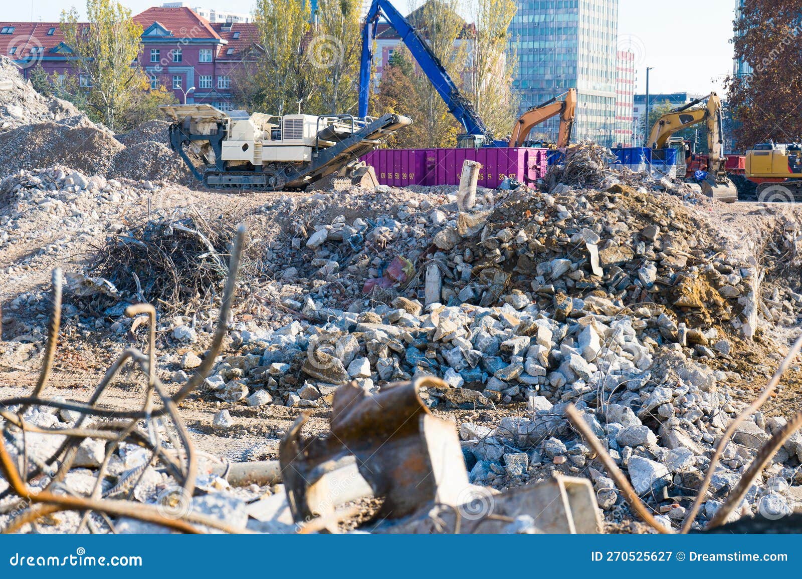 Background of Process of Demolition of Building. Excavator Breaking Old ...