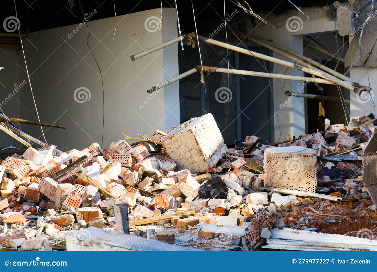Background of Process of Demolition of Building. Excavator Breaking Old ...