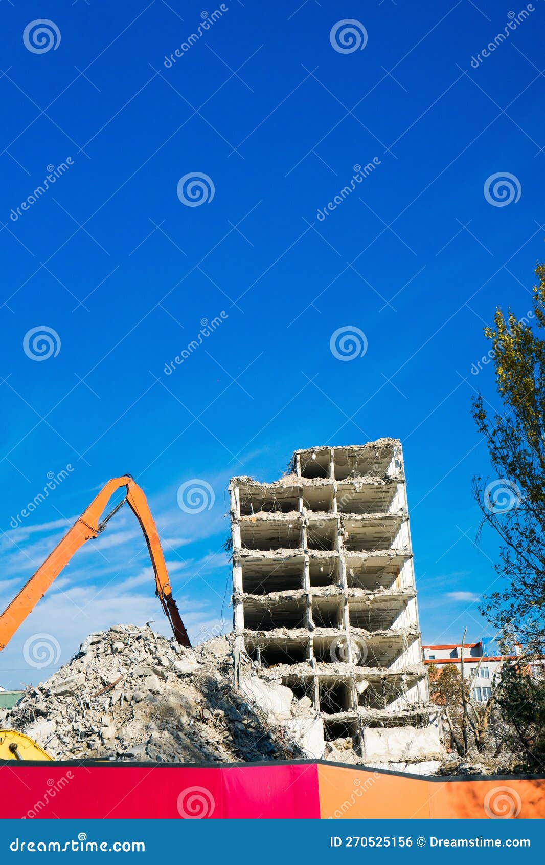 Background of Process of Demolition of Building. Excavator Breaking Old ...