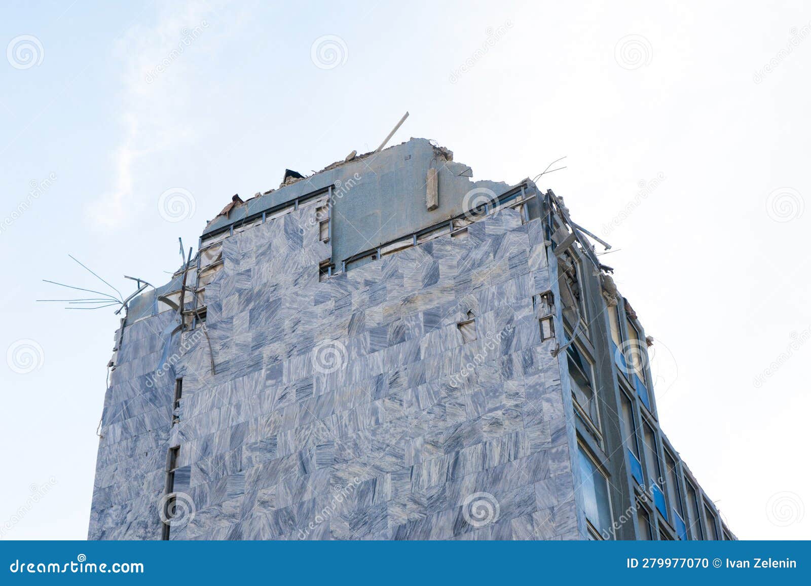 Background of Process of Demolition of Building. Excavator Breaking Old ...