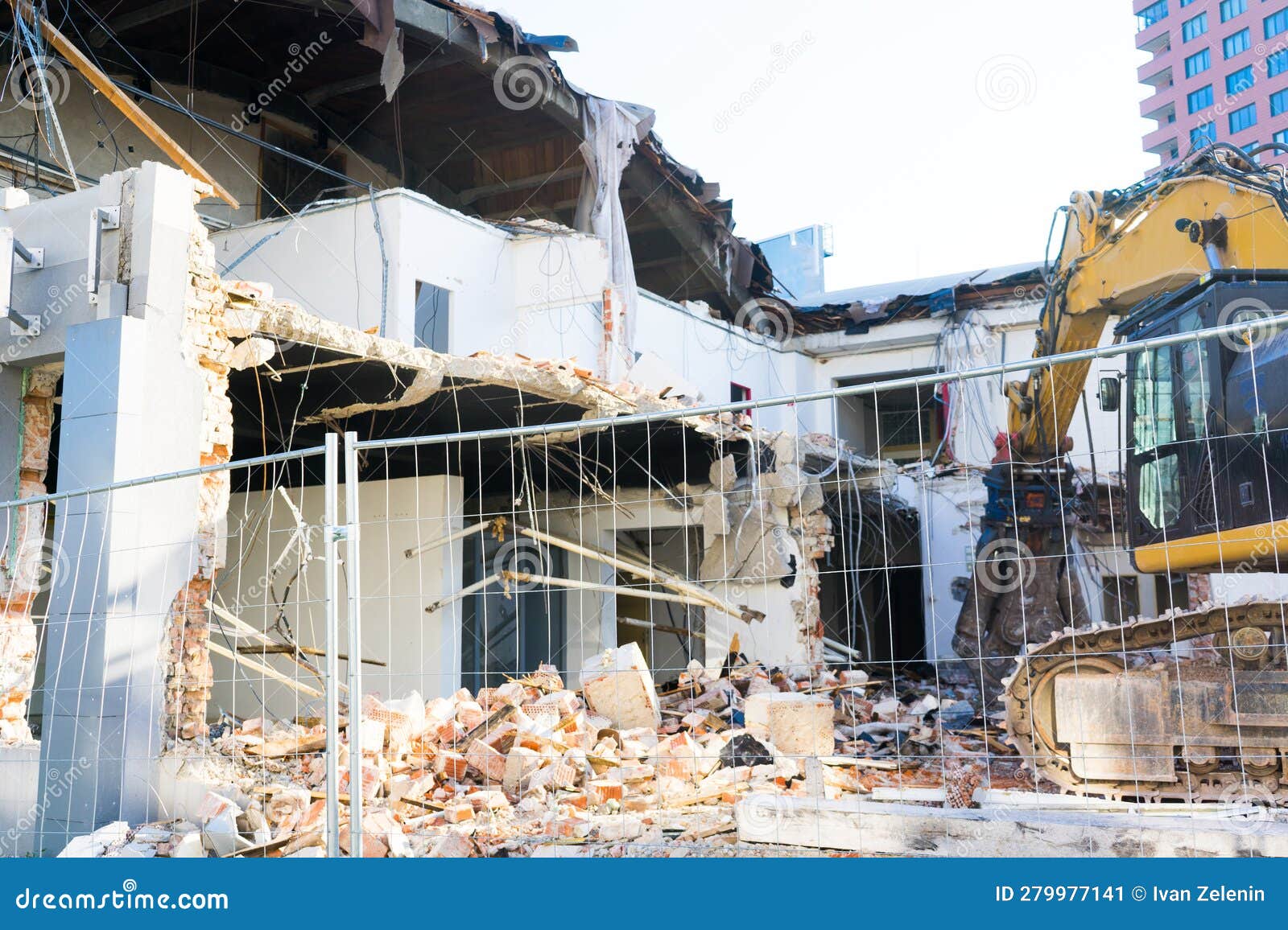 Background of Process of Demolition of Building. Excavator Breaking Old ...