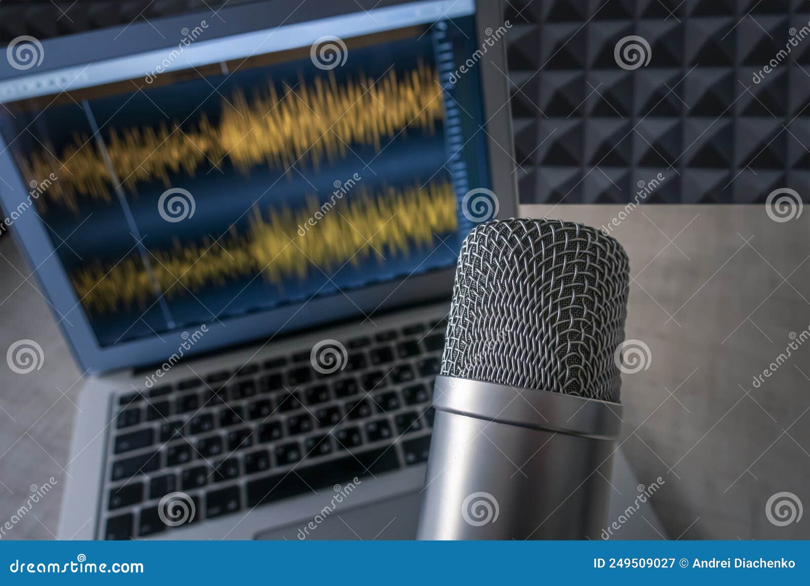 Background with a Professional Microphone and Wave Form on Screen Stock ...