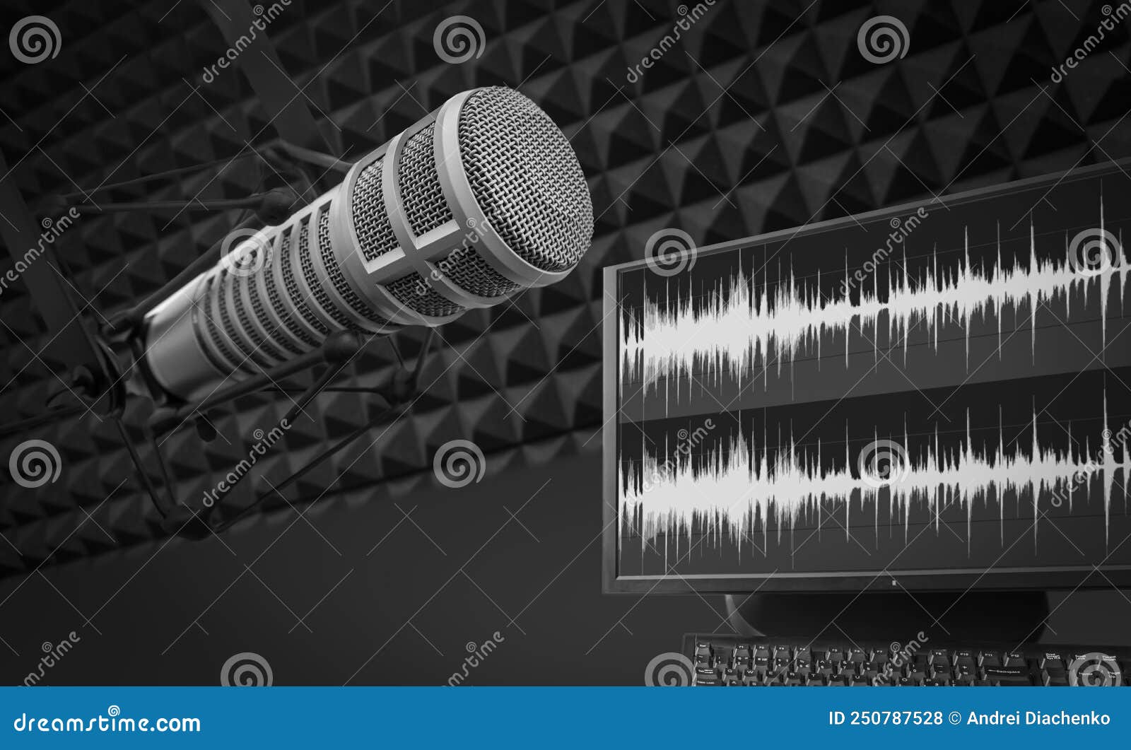 Background with a Professional Microphone and Wave Form on Screen Stock ...