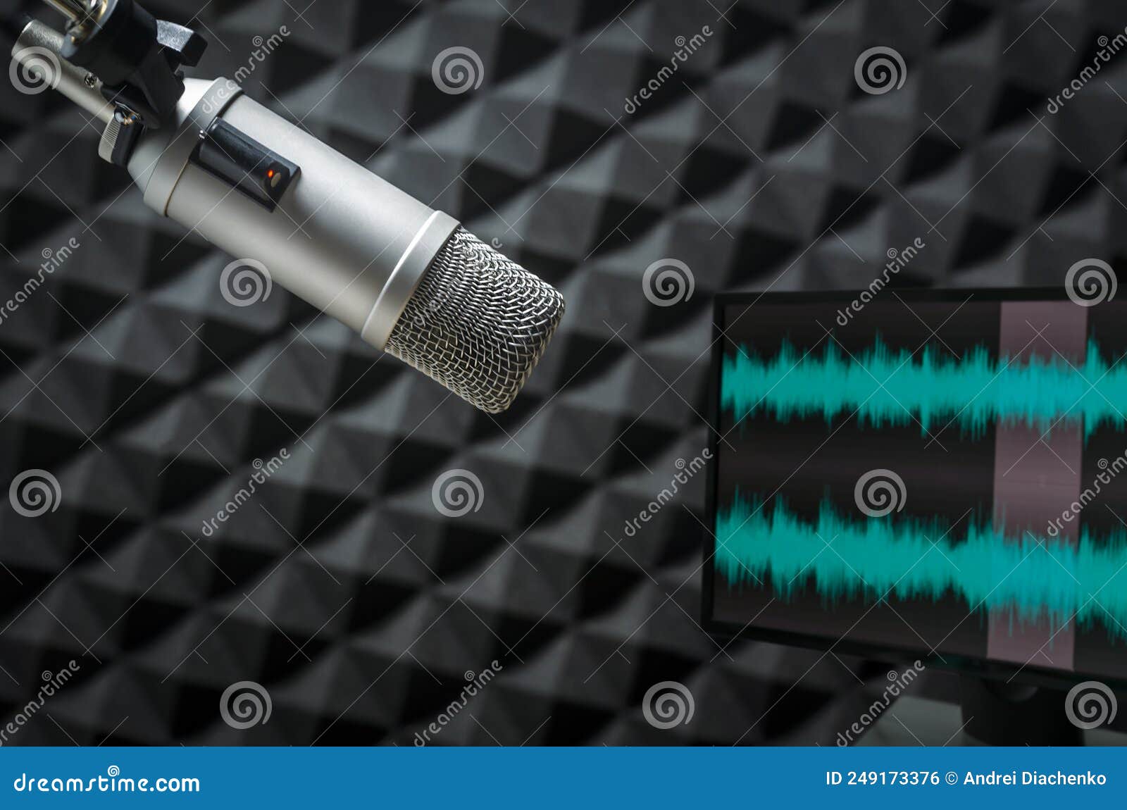 Background with a Professional Microphone and Wave Form on Screen Stock ...