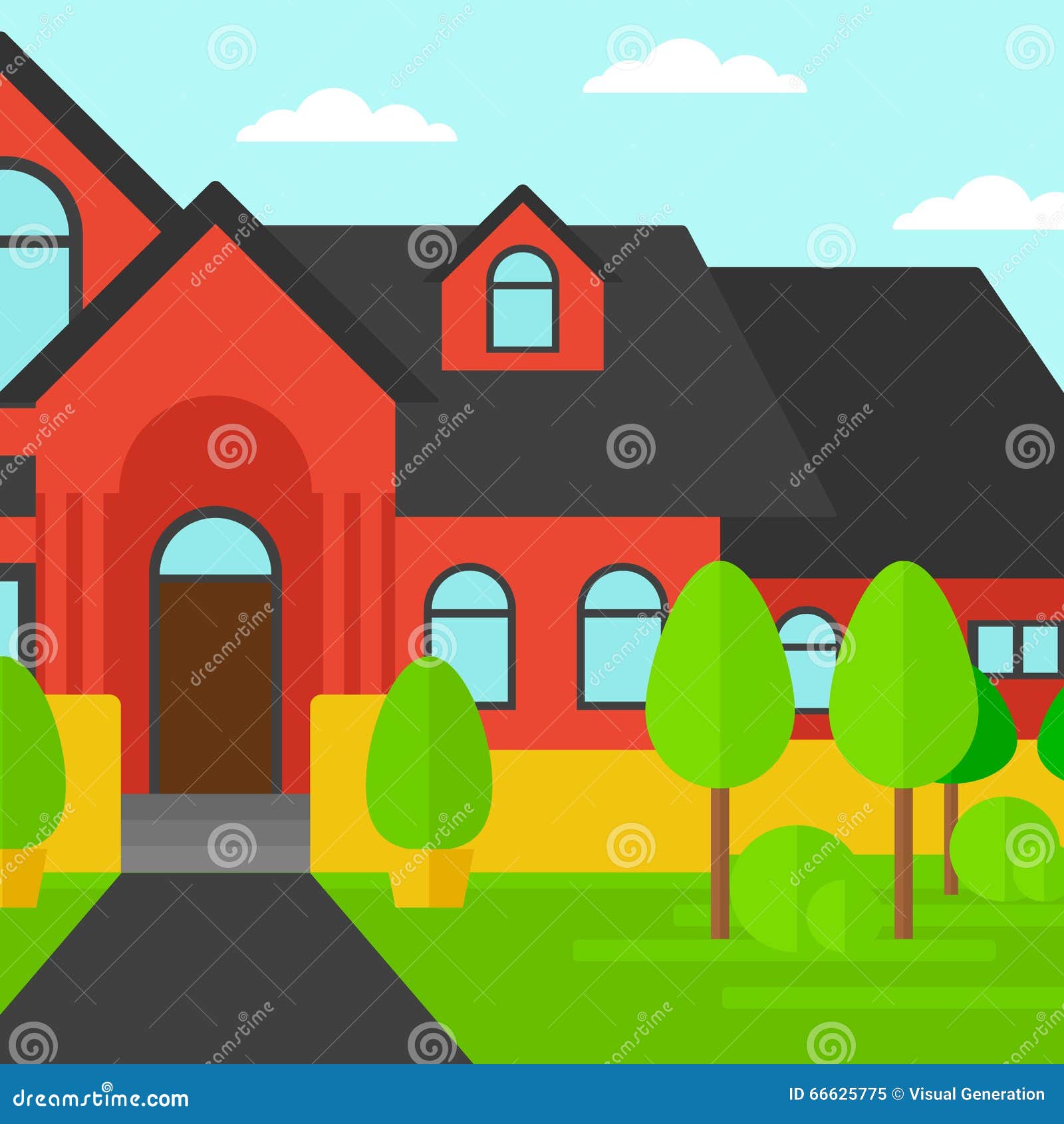 Background of Red House with Beautiful Landscape and Pathway. Stock ...