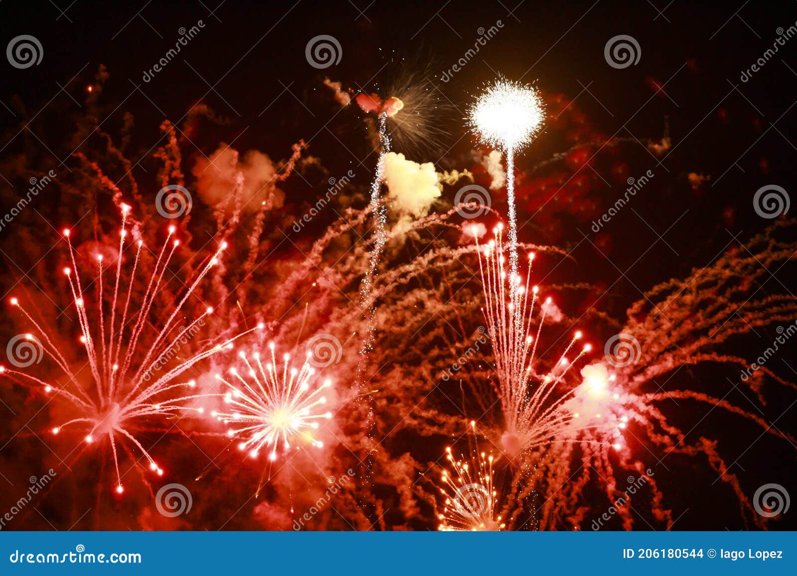 Background of Red Luminous Fireworks Lights with Smoke Stock Photo ...