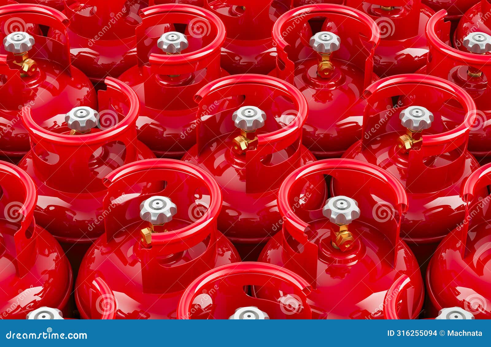 Background from Red Propane Cylinders with Compressed Gas, Top View. 3D ...