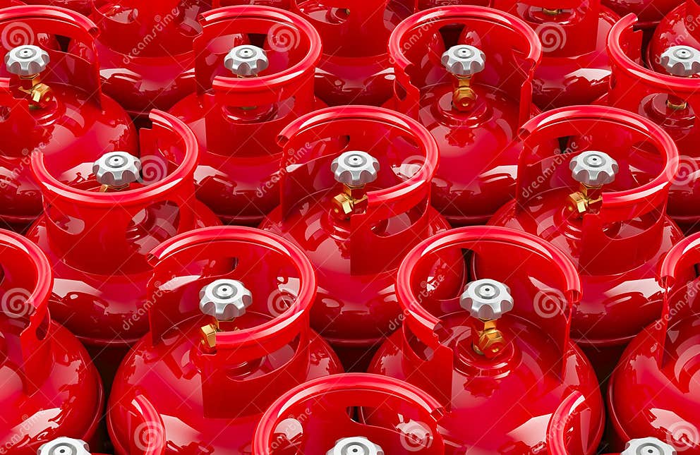 Background from Red Propane Cylinders with Compressed Gas, Top View. 3D ...