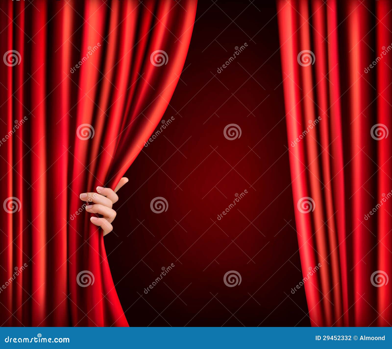 Background With Red Velvet Curtain And Hand. Vector Illustration ...
