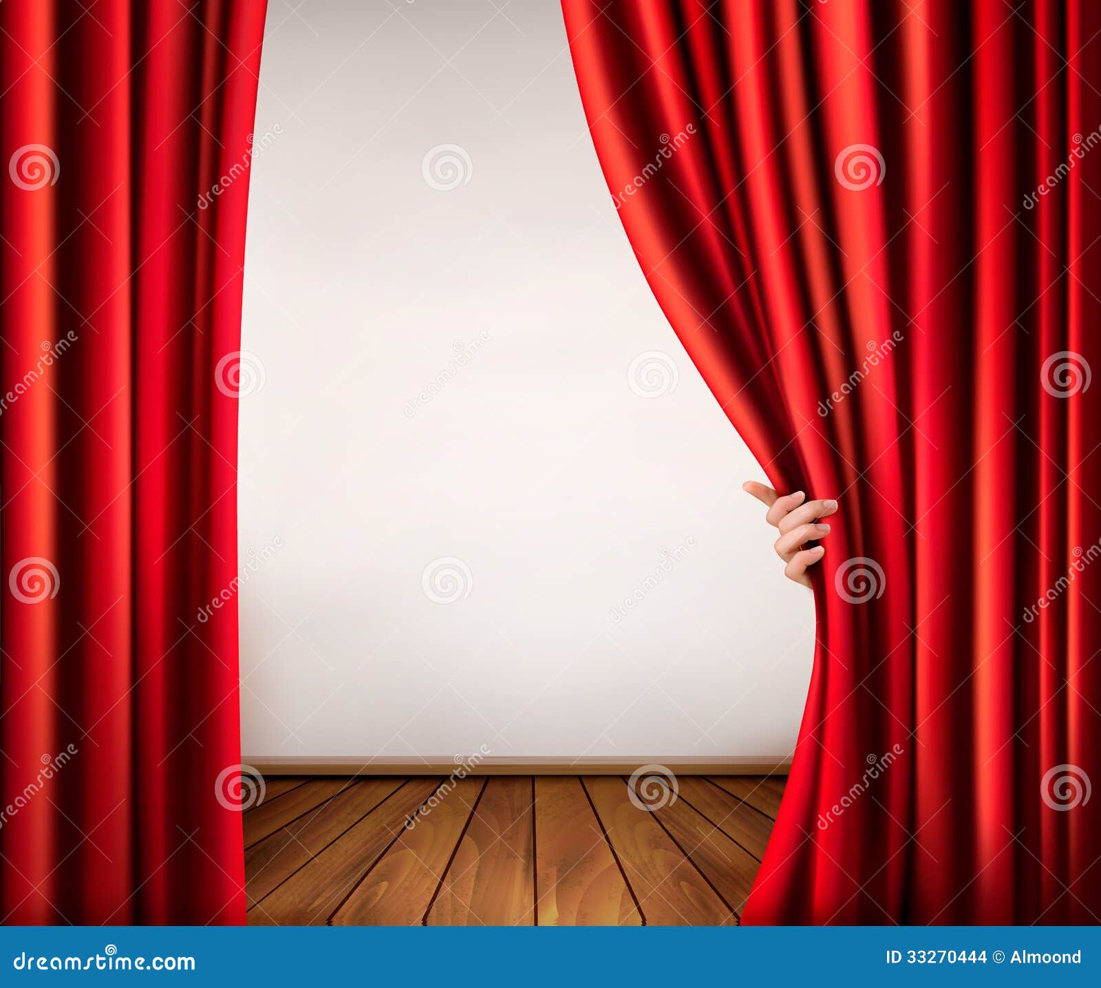 Background With Red Velvet Curtain And Hand. Royalty-Free Illustration ...