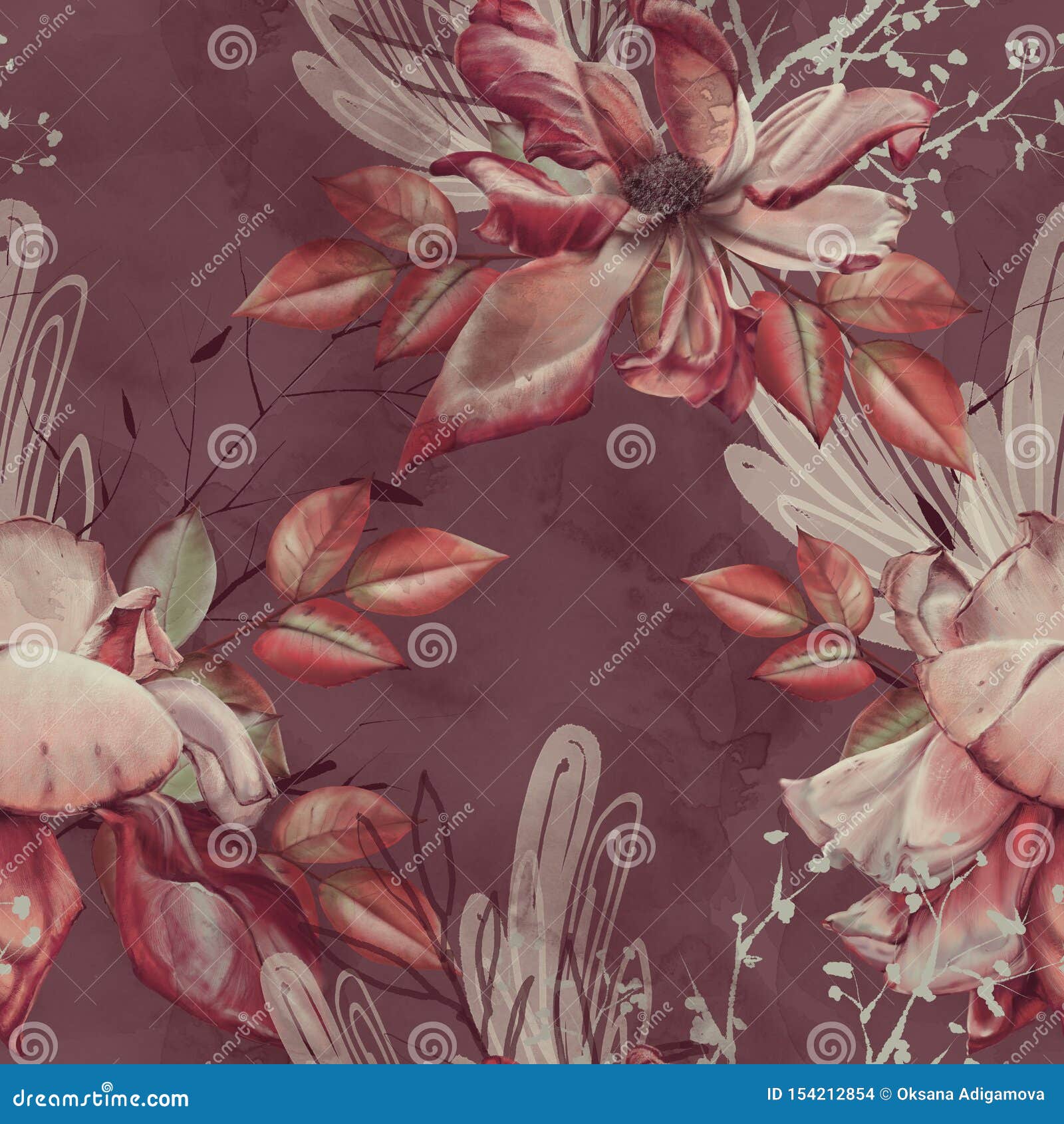 Background of Roses, Twigs and Leaves. Seamless Pattern Stock ...