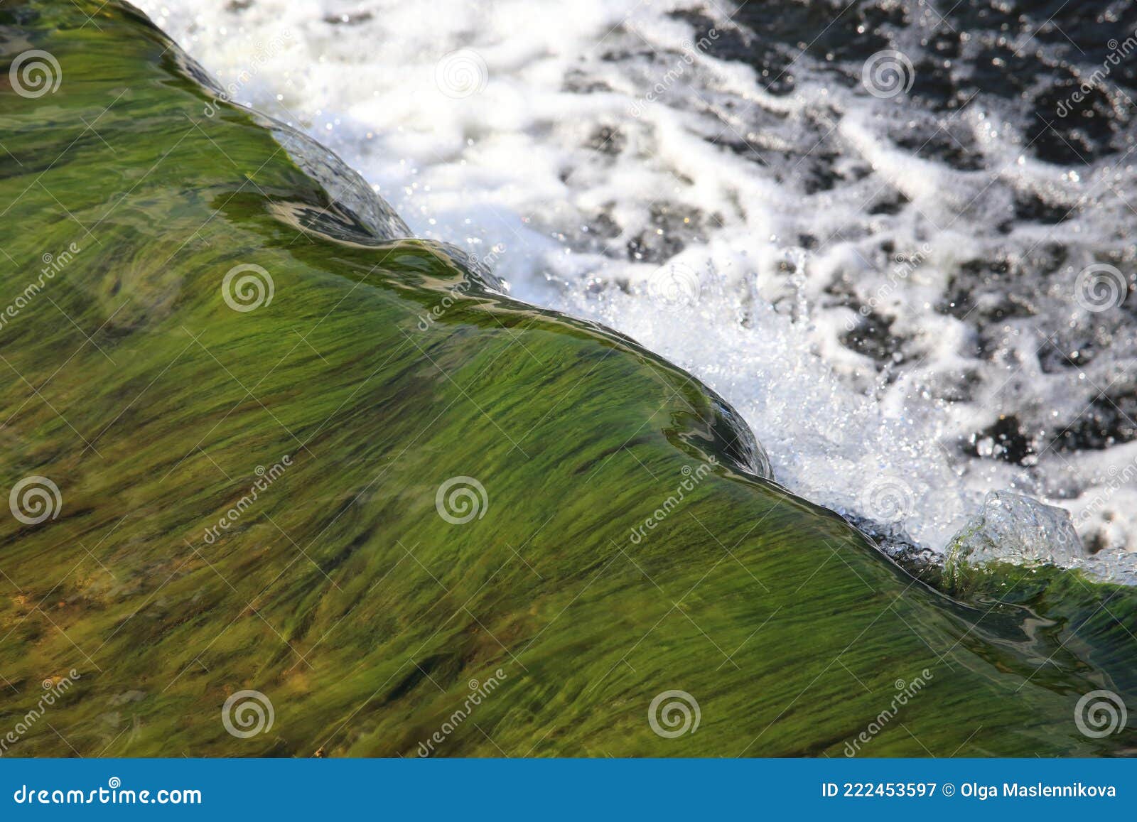 Background with Running Water and Green Algae on Waterfall Stock Image ...