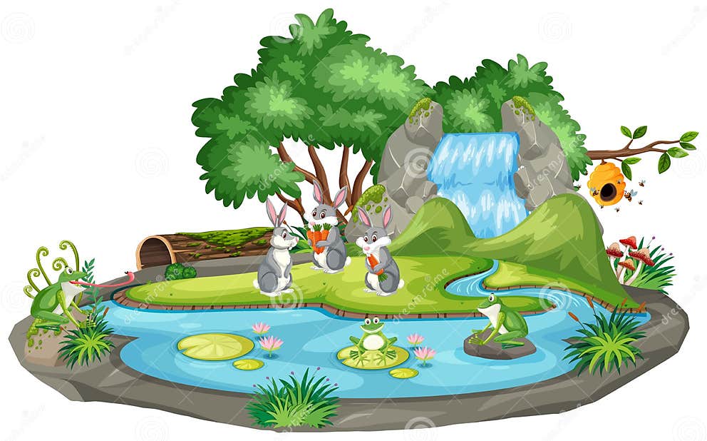 Background Scene of Rabbits by the Waterfall Stock Vector ...