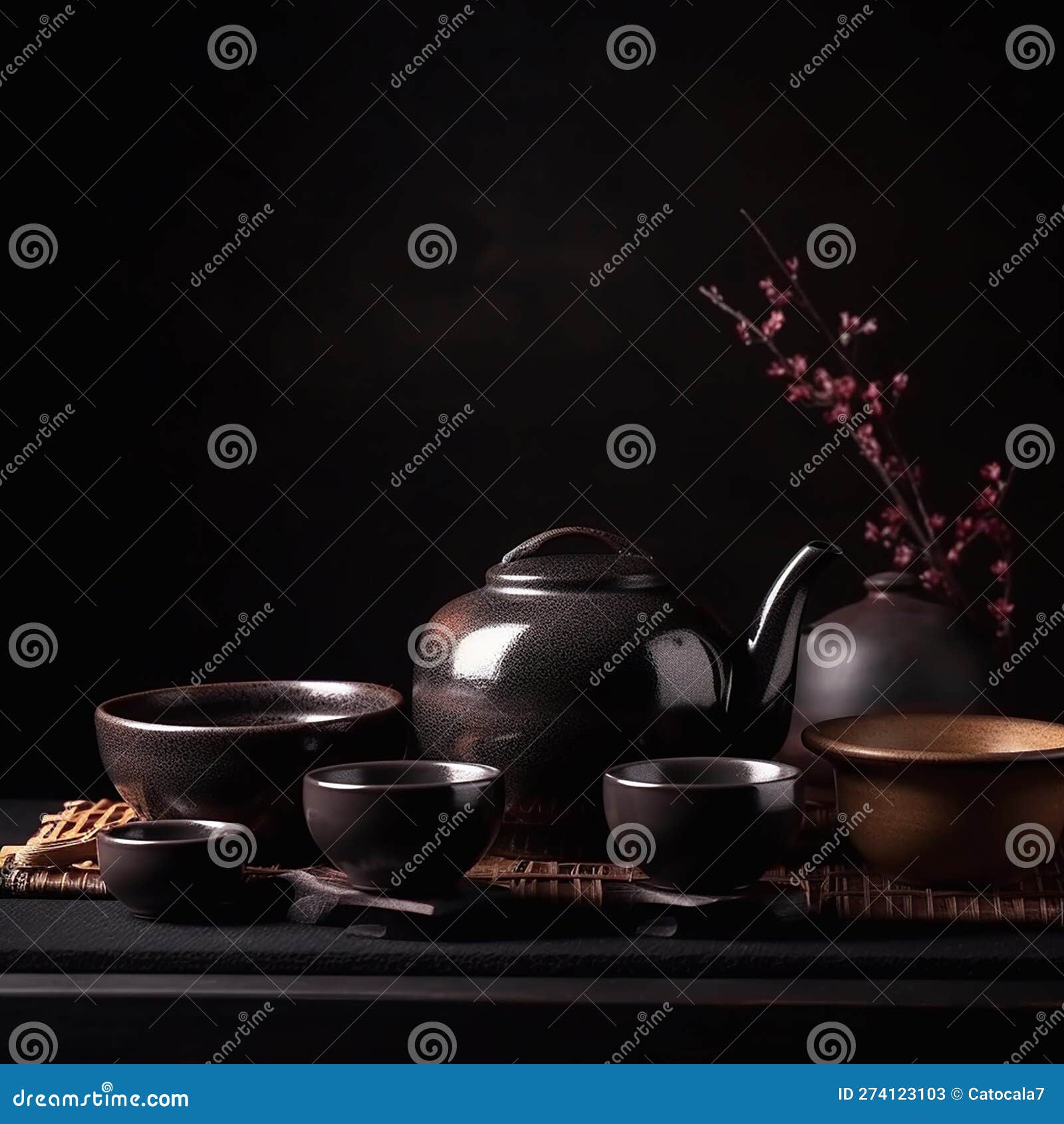 Background Set of Elements for the Tea Ceremony, Mugs, Bowls, Teapots ...