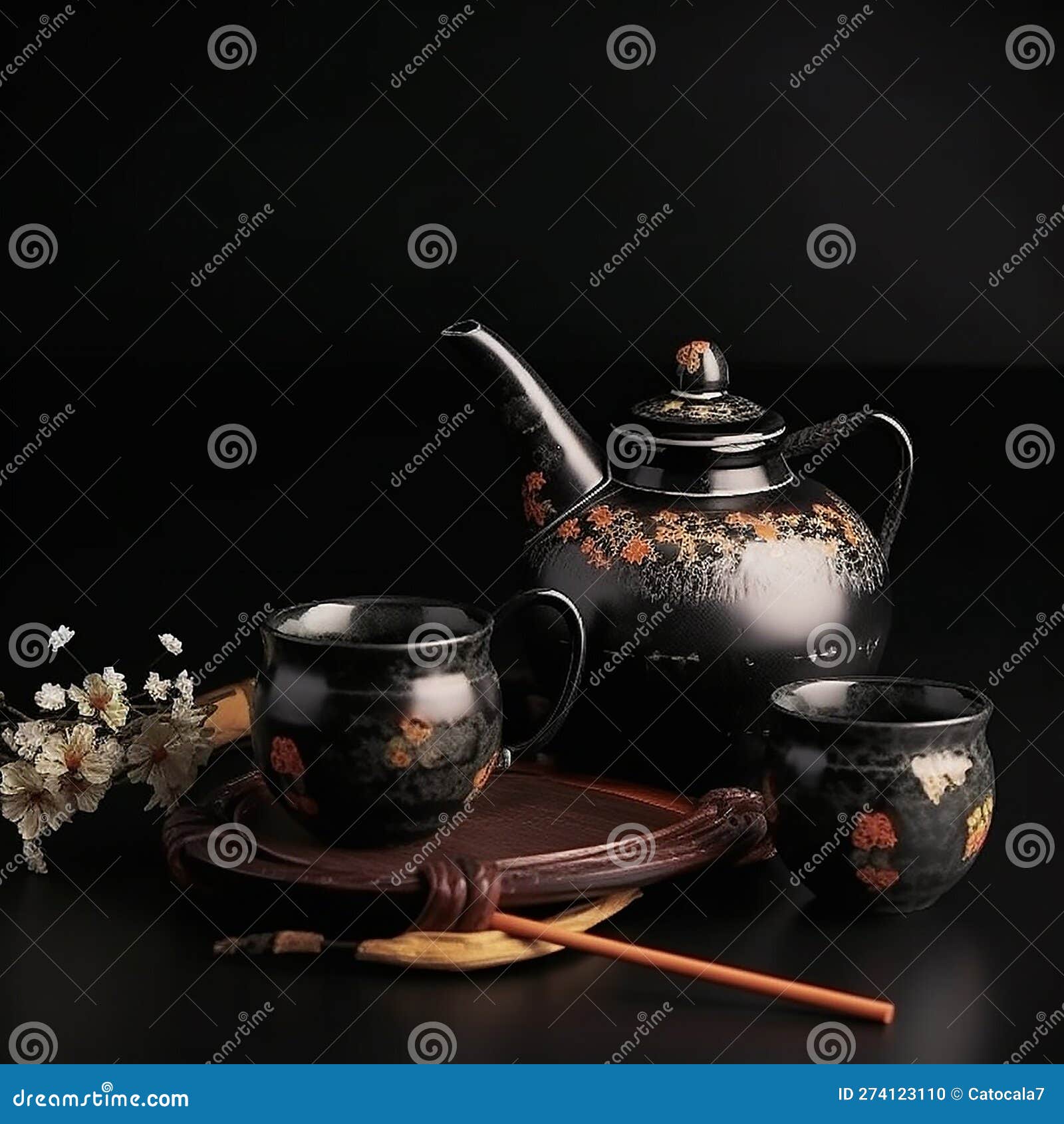 Background Set of Elements for the Tea Ceremony, Mugs, Bowls, Teapots ...