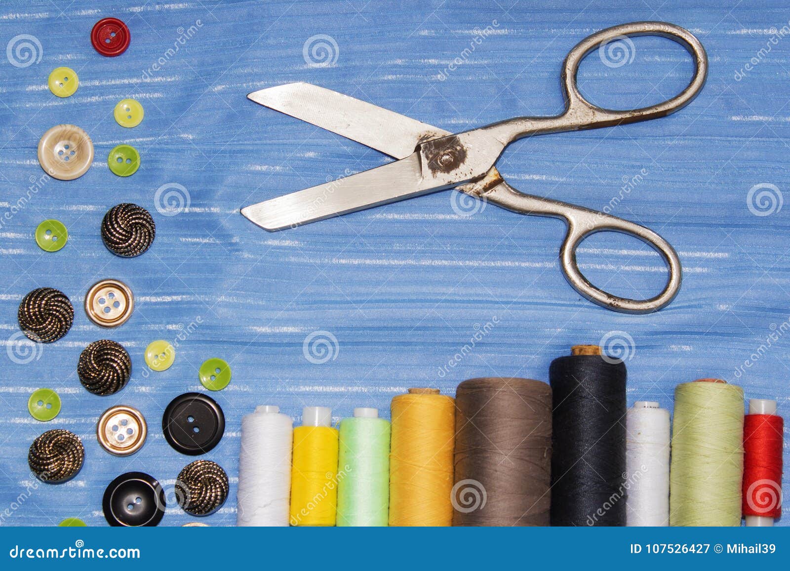 Background of Sewing: Scissors, Thread, Needles, Measuring Tape Close ...