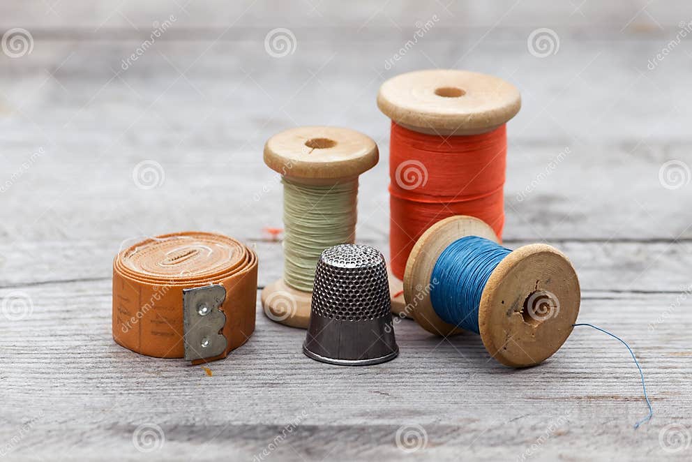 Background with Sewing Tools and Colored Thread Stock Image - Image of ...
