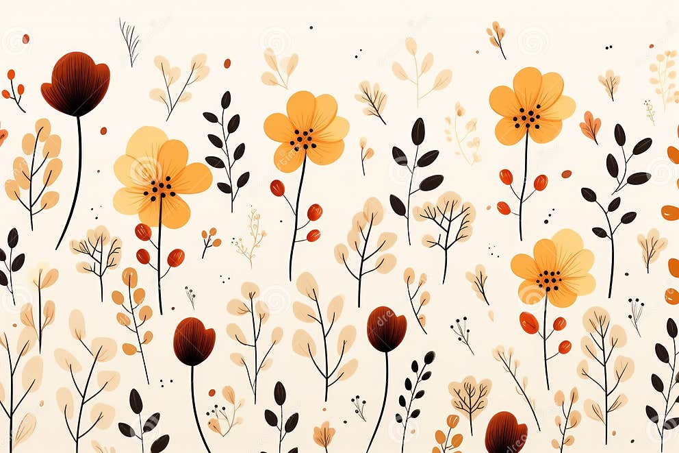 Background with Simple Drawn Flowers and Fall Things, Generative AI ...