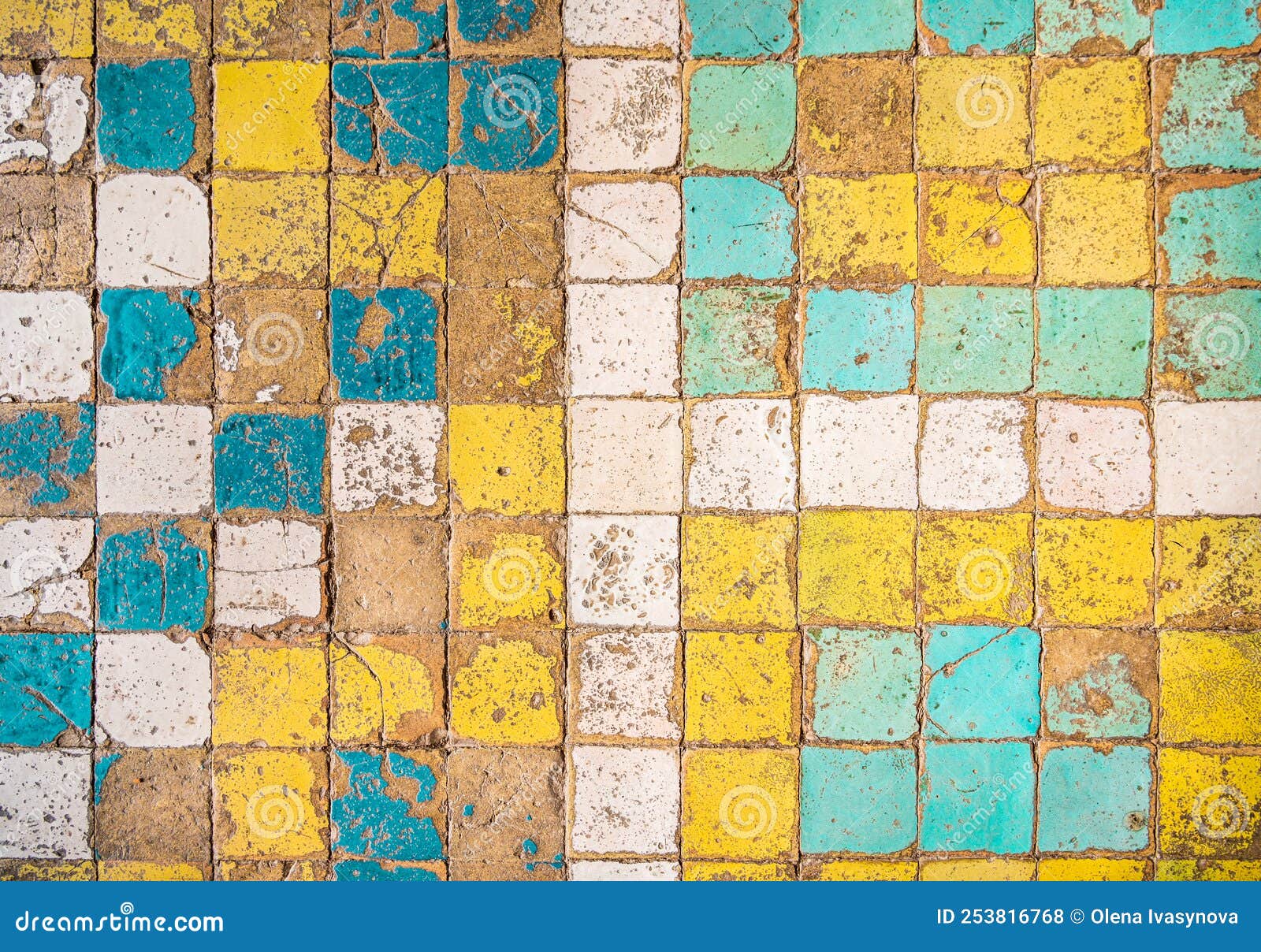Background of Small Square Old Tiles of Different Colors in Poor ...