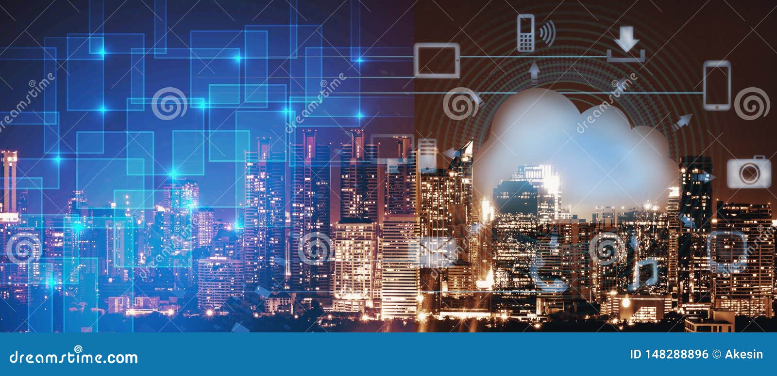 Smart City Intelligence Networking on Cloud Technology, Night Cityscape with Digital and Cloud ...