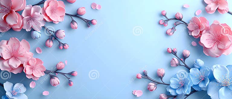 Background of Soft Blue Color with Spring Flowers Stock Illustration ...