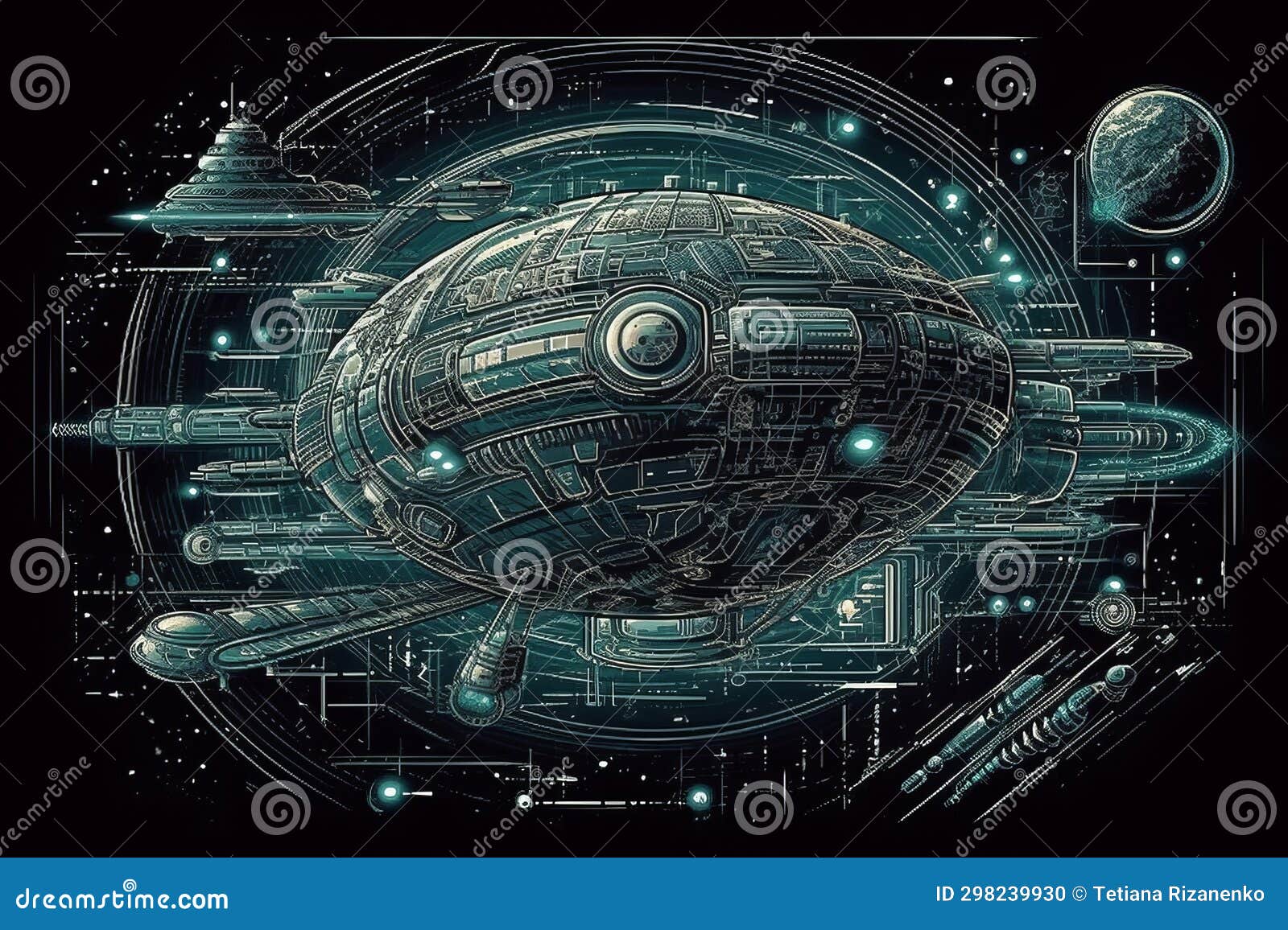 Background with Spaceship Outer Space. Graphic Art Style Illustration ...