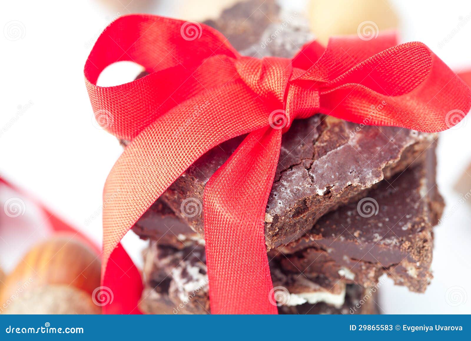 Stack of Chocolate with Red Ribbon and Nuts Stock Image - Image of dark ...