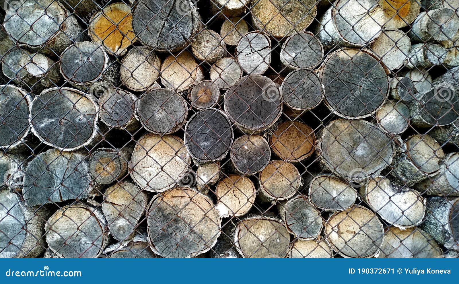 Background of Stacked Firewood Blackened with Time Behind a Netting Net ...