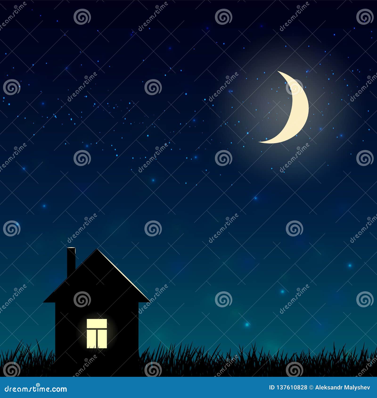 Background. House and Night Sky with Stars and Moon Stock Illustration ...