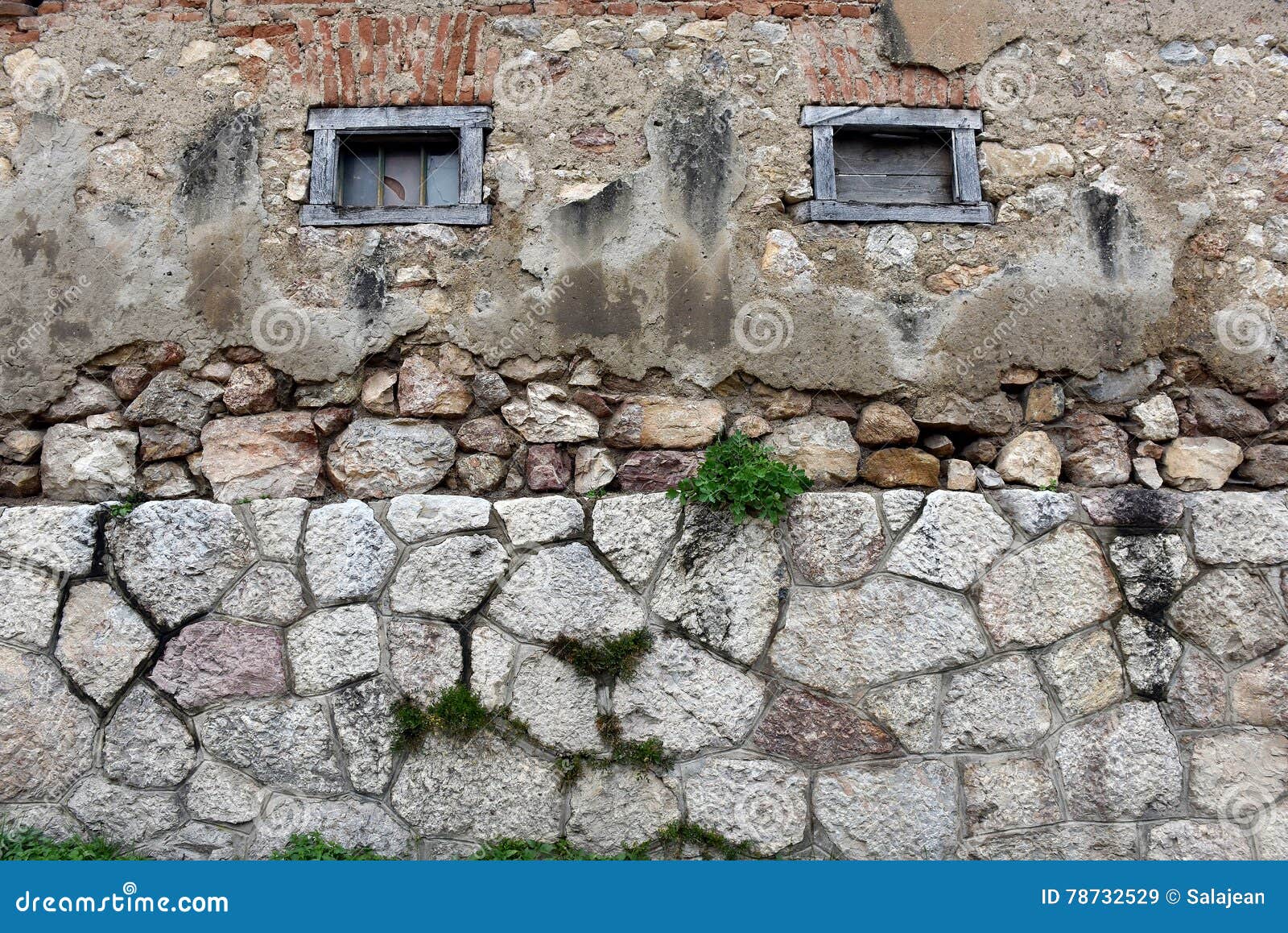 Background of Stone Wall with Small Wooden Windows Stock Image - Image ...