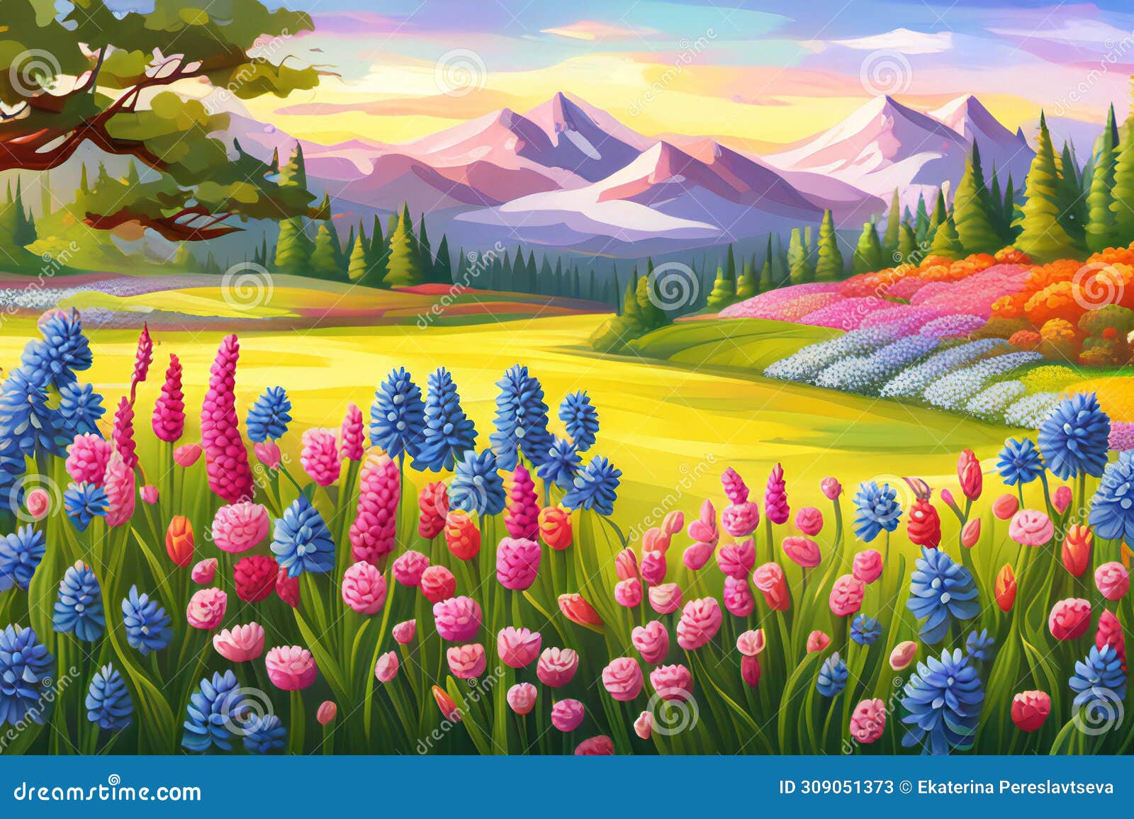 Background Style Beautiful Spring Day with Trees and Mountains and ...