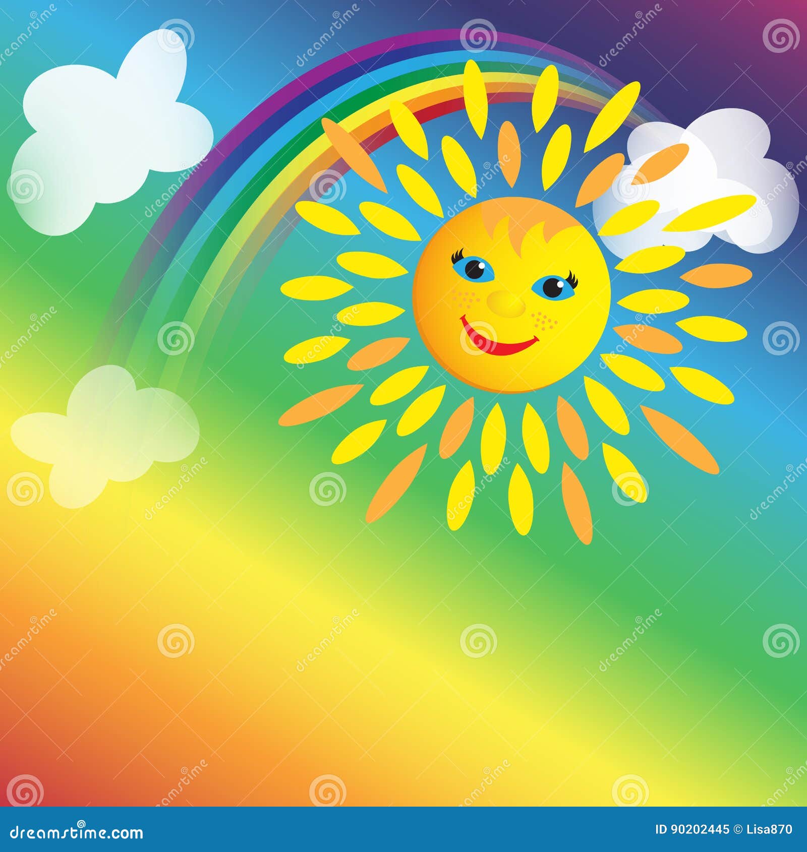 Background with Sun, Rainbow and Clouds Stock Illustration ...