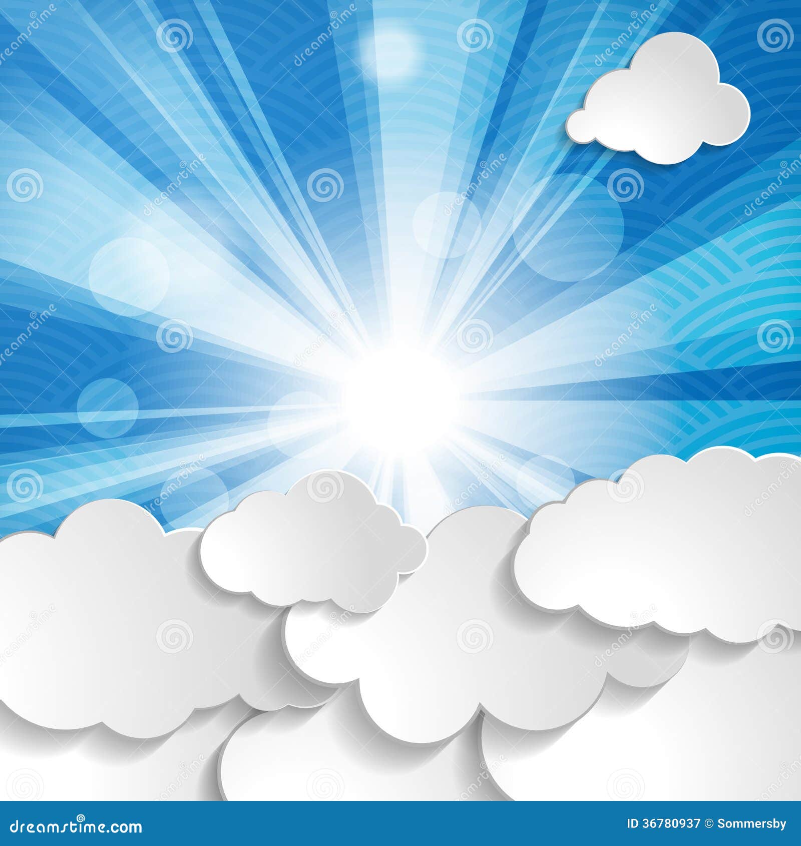 Background with Sun, Rays and Clouds Stock Vector - Illustration of ...
