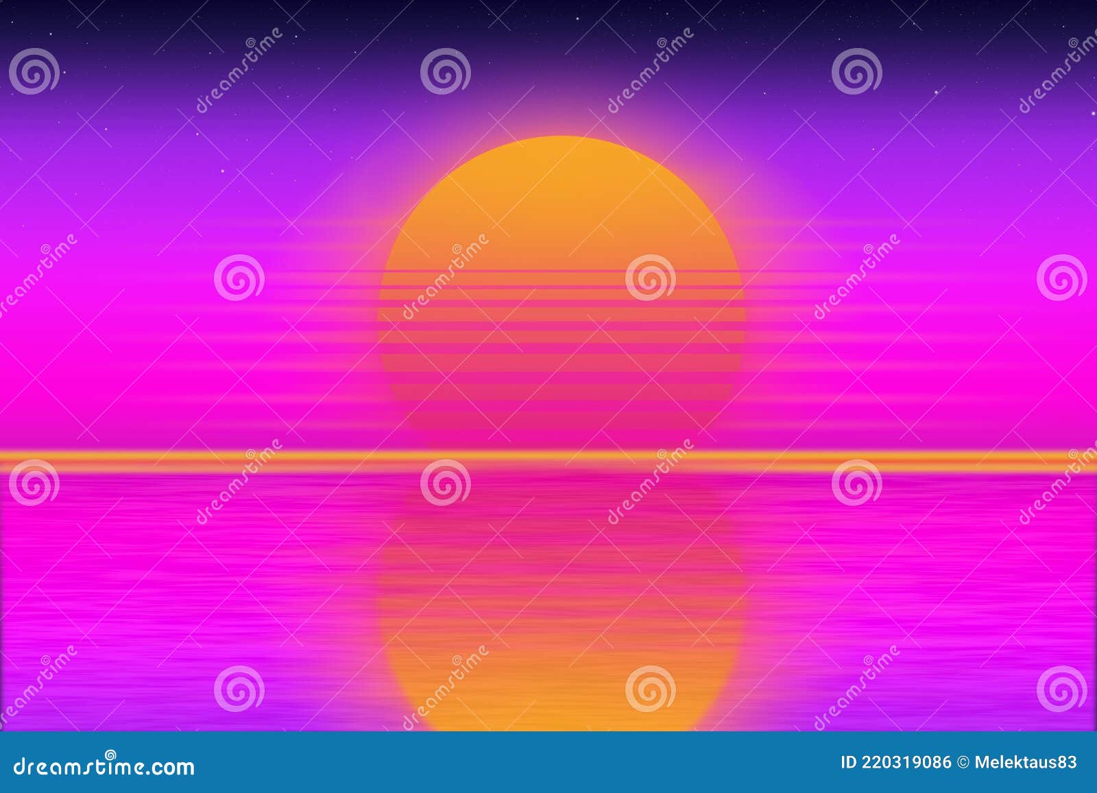 Background with Sunset on Neon Sky in Retrowave Style and Water Stock ...
