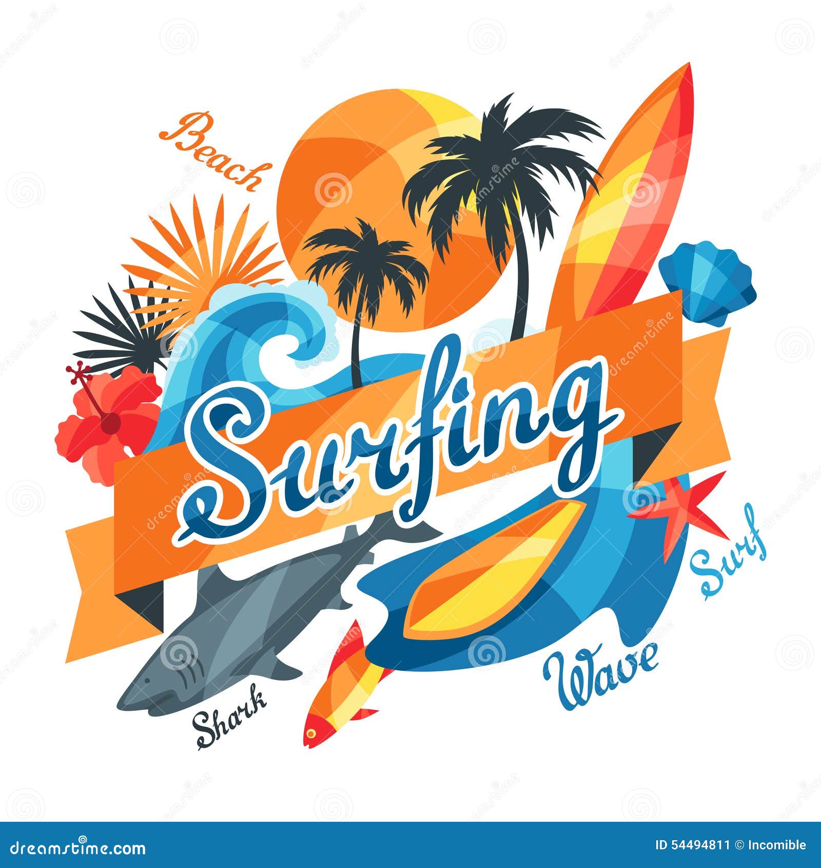 Background with Surfing Design Elements Stock Vector - Illustration of ...