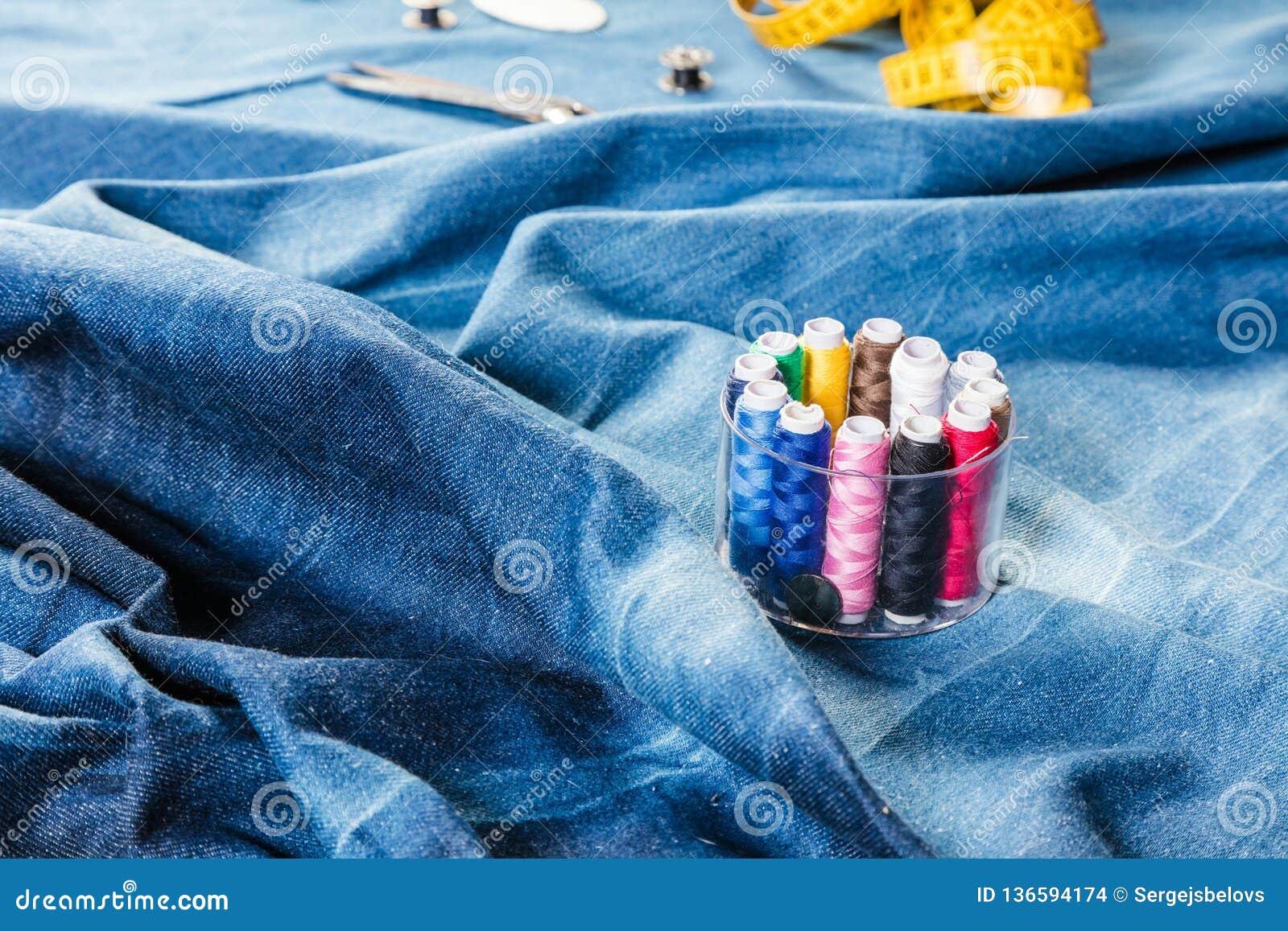 Background Table Top View of Sewing Tool and Jeans on Denim Fabric ...