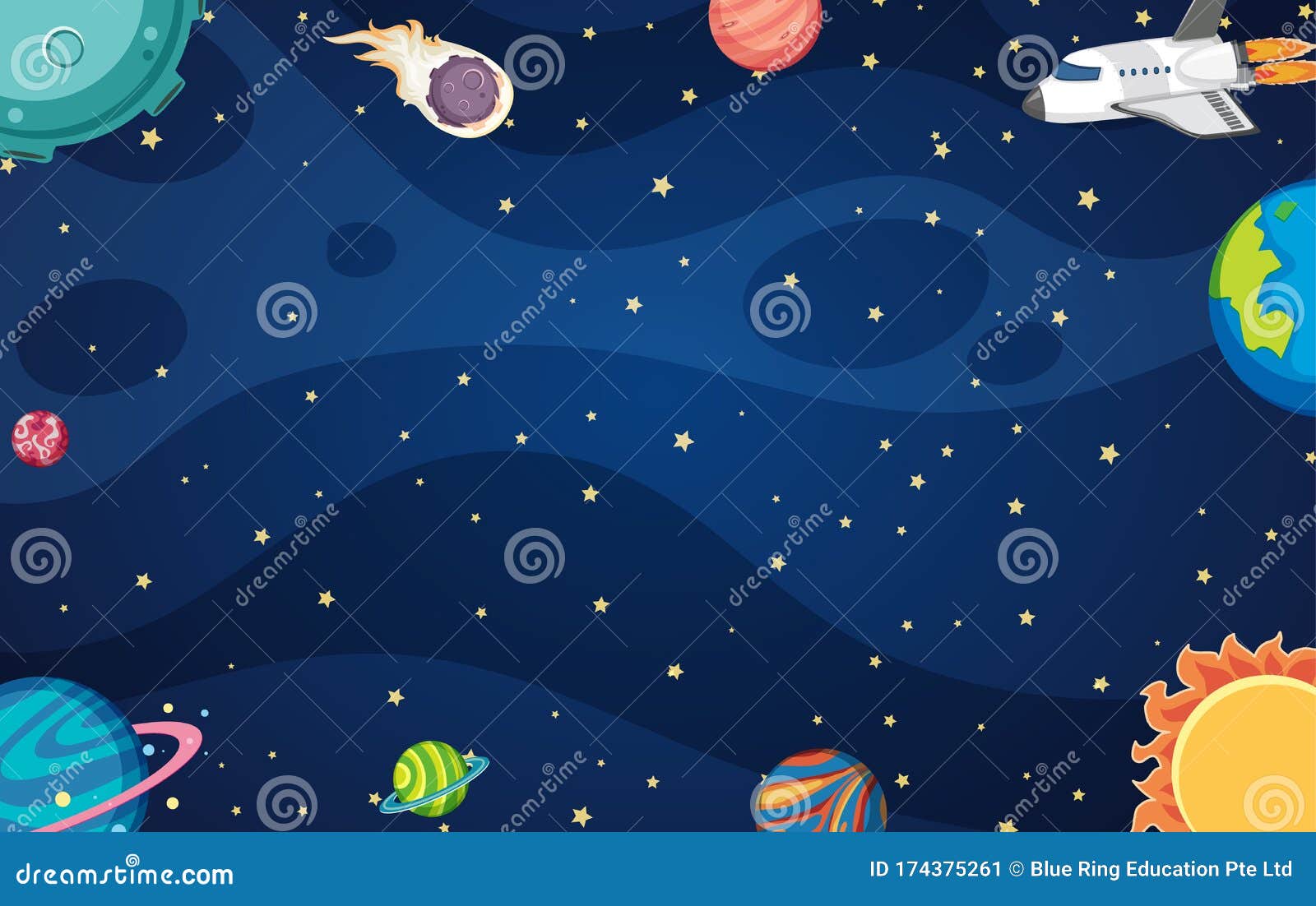 Background Template Design with Spaceship and Many Planets in Space ...