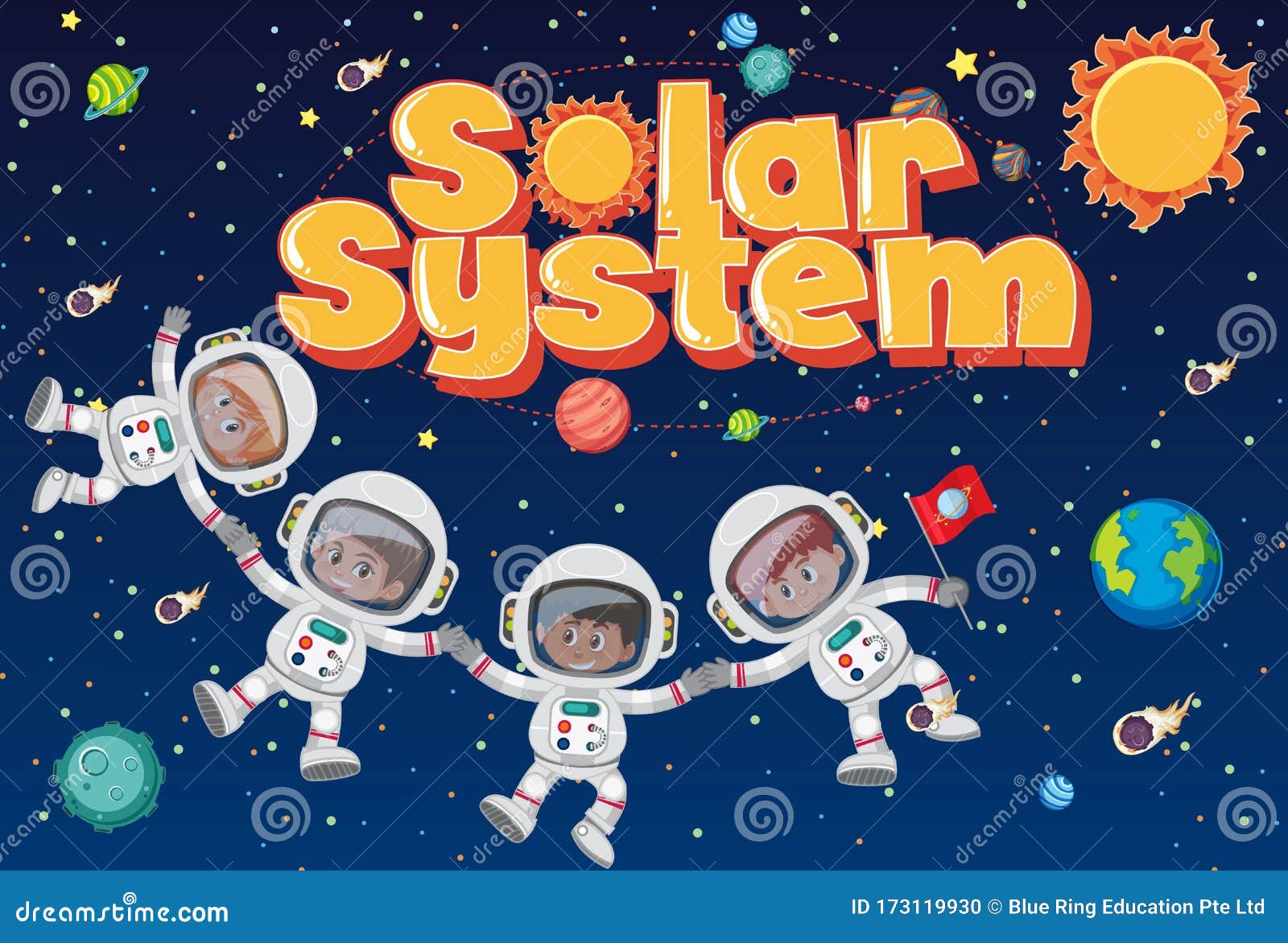 Background Theme of Space with Astronauts and Solar System Stock Vector ...