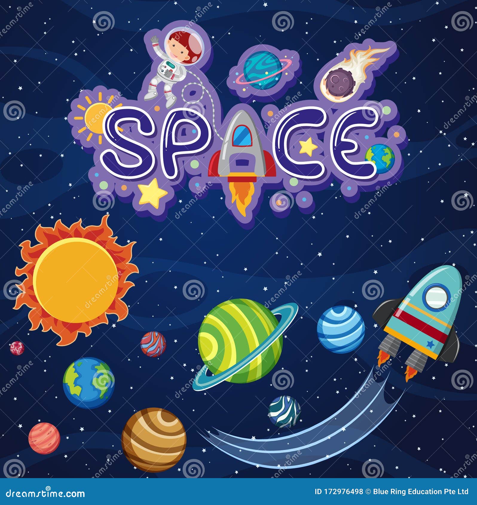 Background Theme of Space with Spaceship and Solar System Stock Vector ...